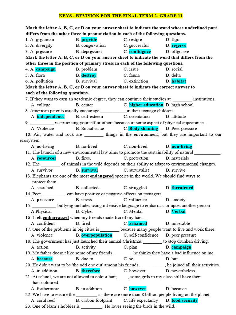 Grade 11-Keys - Revision For The Final Term 2 - 2024 | PDF | Biodiversity | Sustainability
