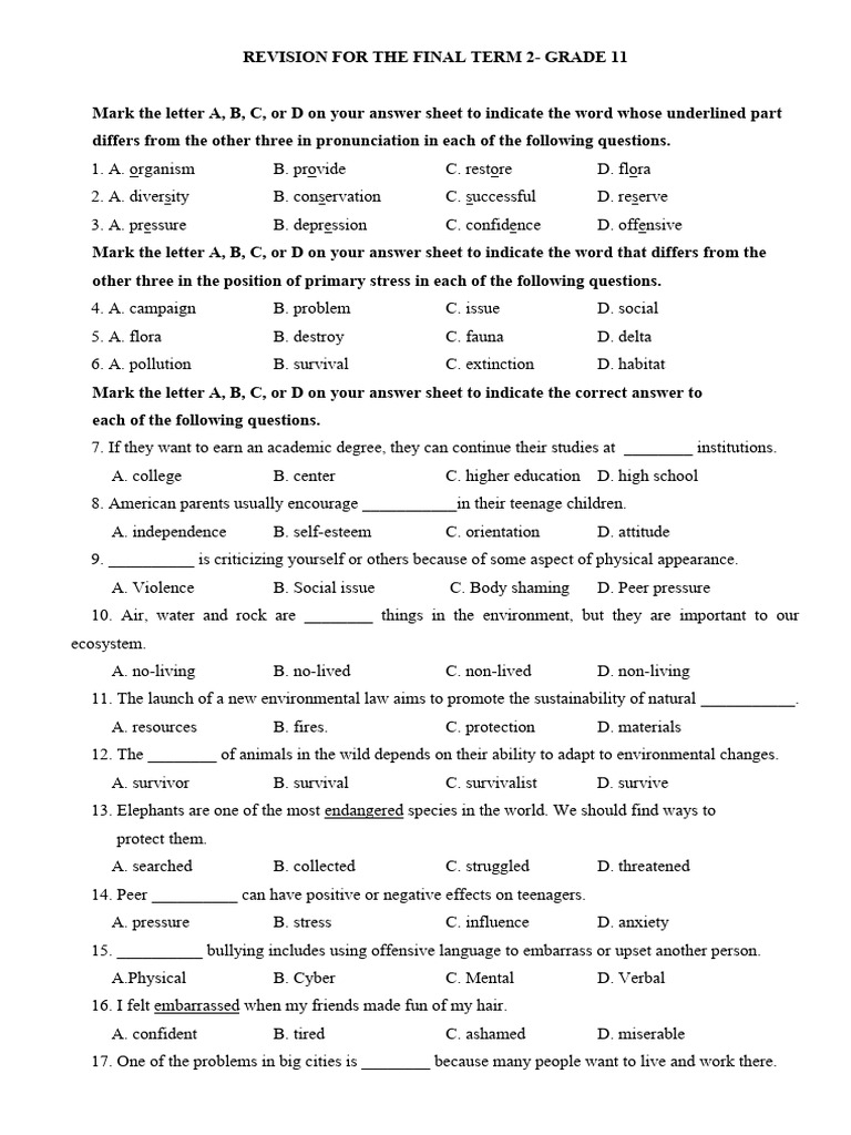 Grade 11-Revision For The Final Term 2 - 2024 | PDF | Bullying | Sustainability