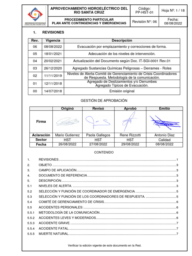Pp-hst-01 Rev.06 Procedimiento Particular - Plan Ante Contingencias y Emergencias. | PDF ...