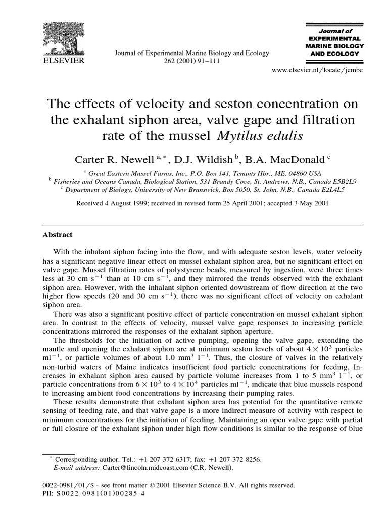 Mussel Filtration: Siphon and Gape Dynamics | PDF | Bivalvia | Standard ...