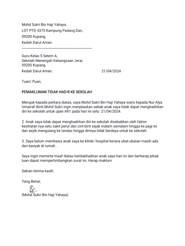Surat-Rasmi-Tidak-Hadir-Ke-Sekolah | PDF