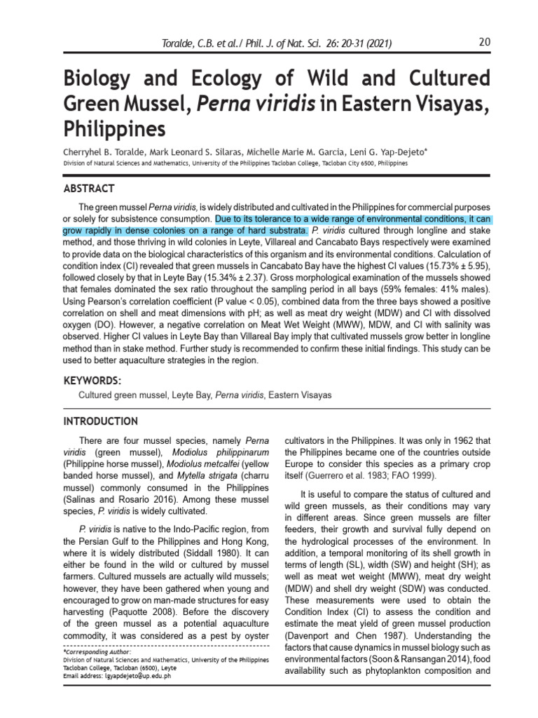 Toralde Et Al. - Biology and Ecology of Wild and Cultured Green Mussel Perna Viridis in Eastern ...