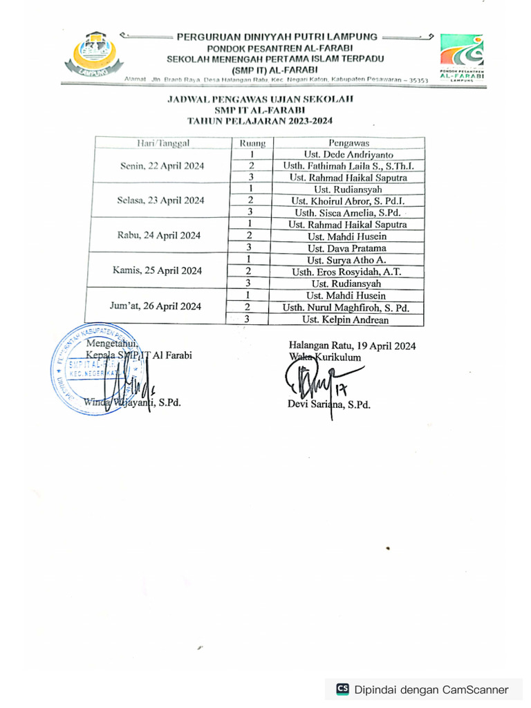 Jadwal Pengawas Ujian 2023 2024 | PDF