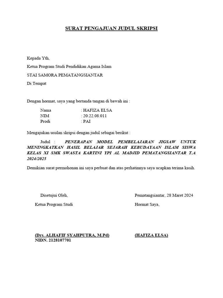 Surat Pengajuan Judul Skripsi | PDF