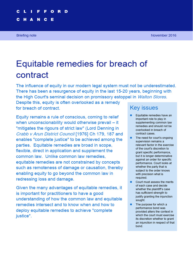 Equitable Remedies in Contract Breach | PDF | Equity (Law) | Legal Remedy