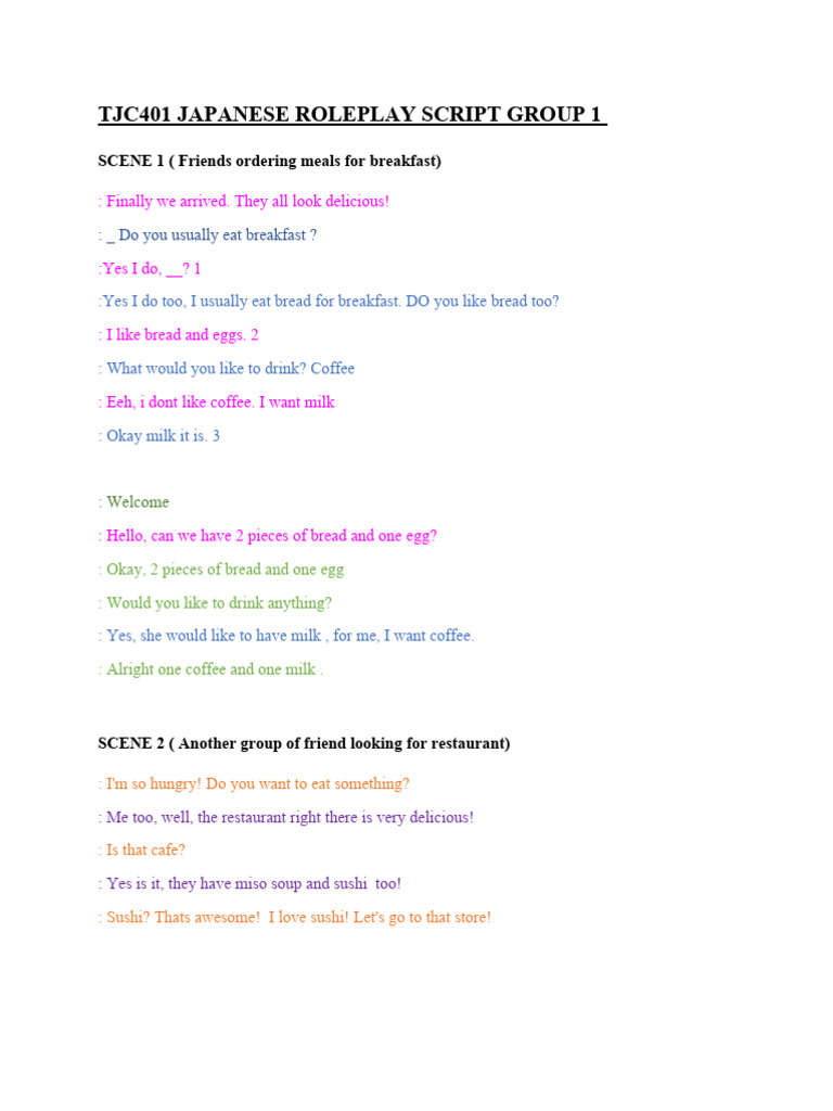 TJC401 Japanese Roleplay Script Group 1 | PDF | Cooking | Eating ...
