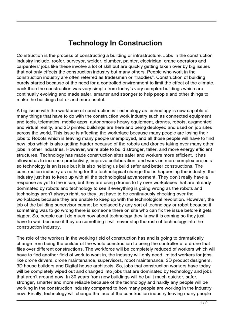 Technology in Construction | PDF | Robot | Robotics