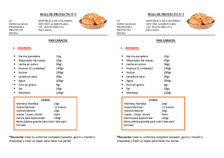 Receta de Pan Caracol Escolar | PDF | Panes | Alimentos basicos