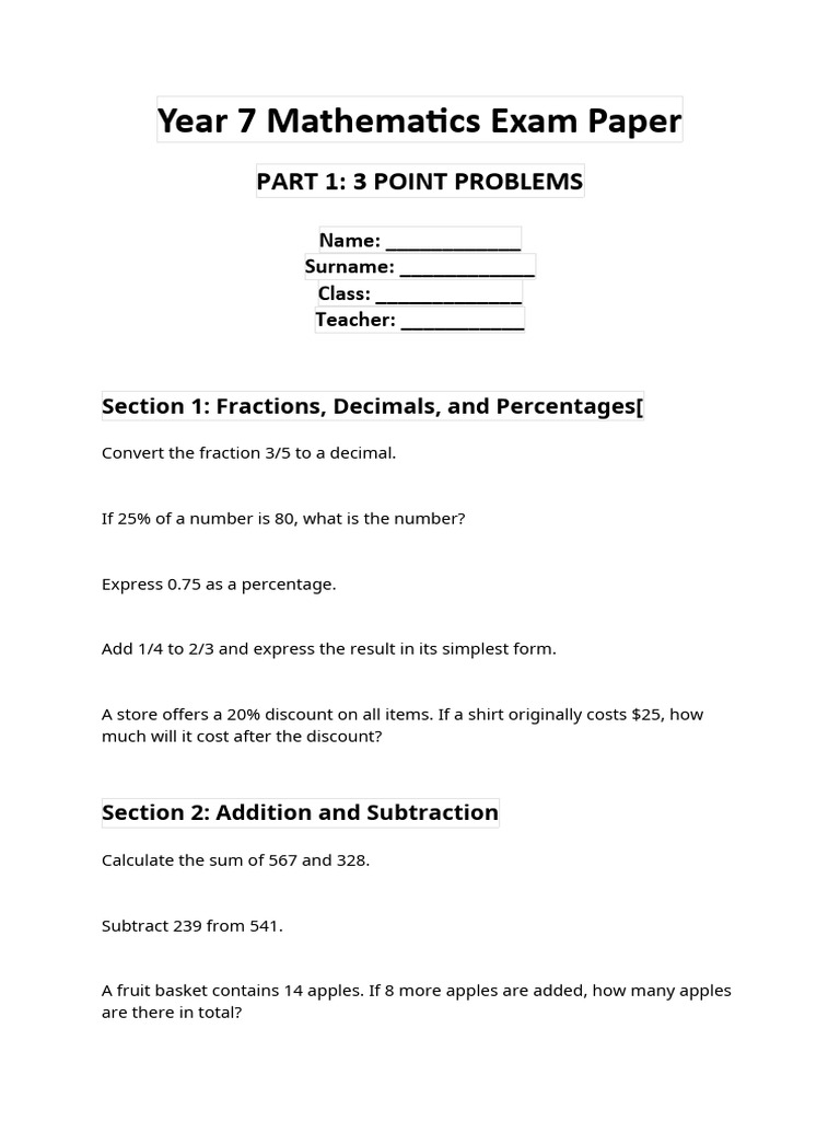 Year 7 Maths Exam Paper | PDF | Area | Triangle