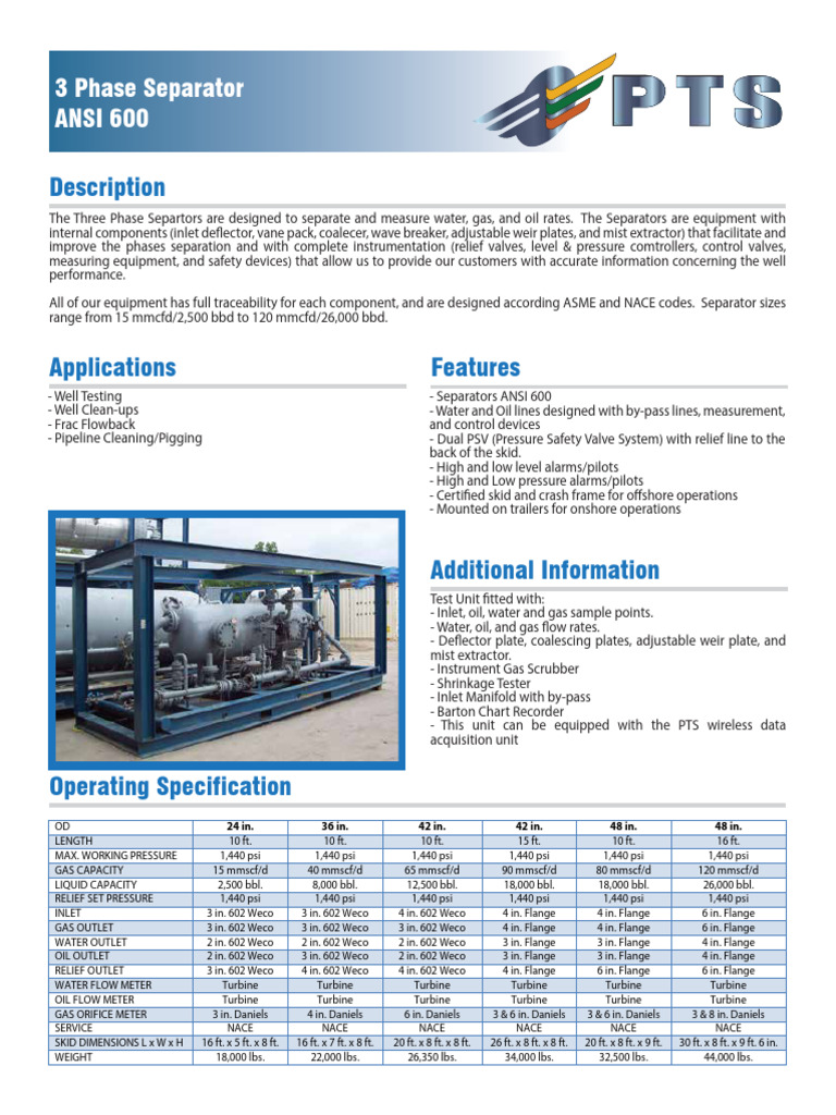 Three Phase Separator Specs & Features | PDF | Gases | Gas Technologies