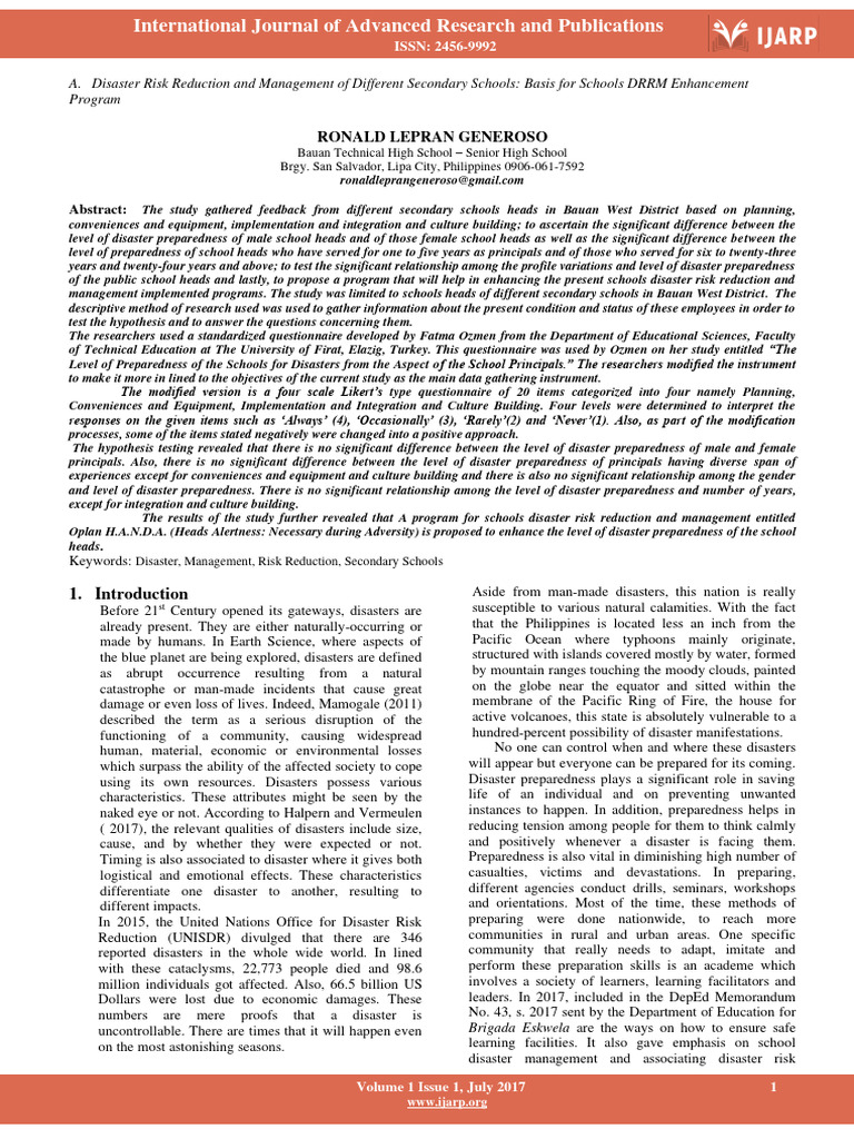 Disaster Risk Reduction And Management Of Different Secondary Schools
