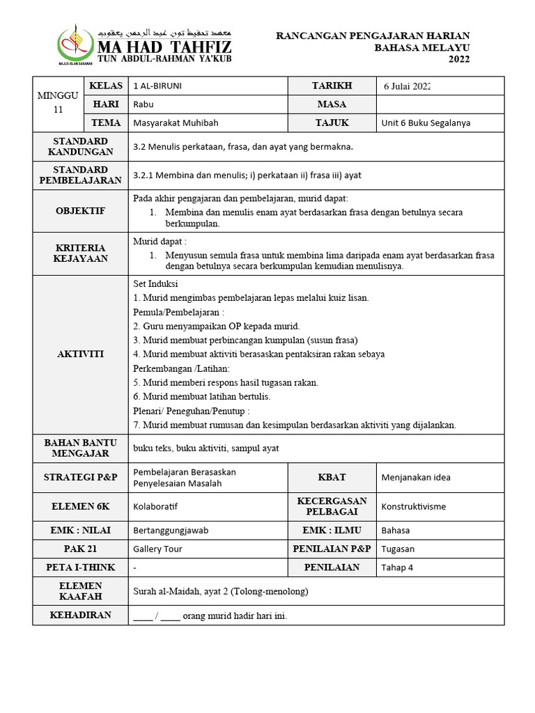 RPH BM Tahun 1 | PDF
