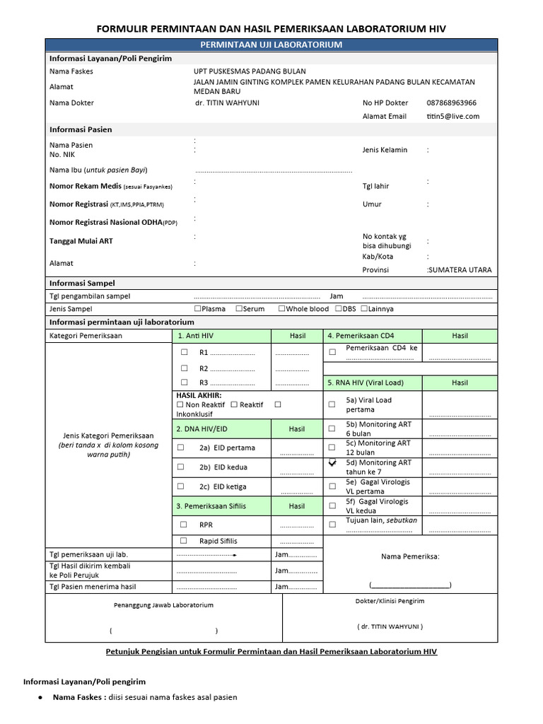1 Nov Formulir Permintaan Dan Hasil Pemeriksaan Laboratorium Hiv1 | PDF
