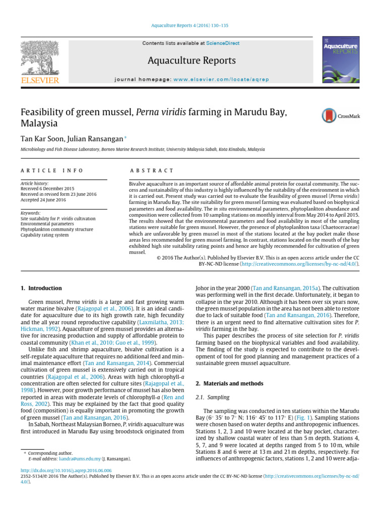 Soon & Ransangan - Feasibility of Green Mussel, Perna Viridis Farming ...