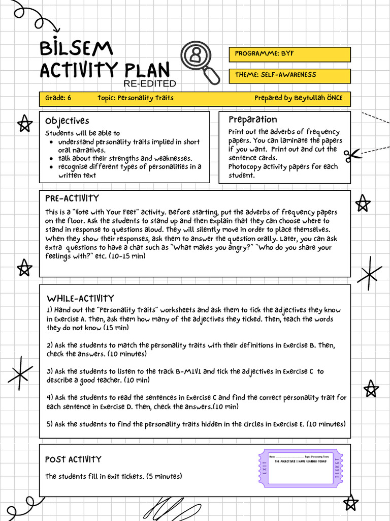 Grade 6 Personality Traits Activity Plan | PDF | Teachers | Adverb
