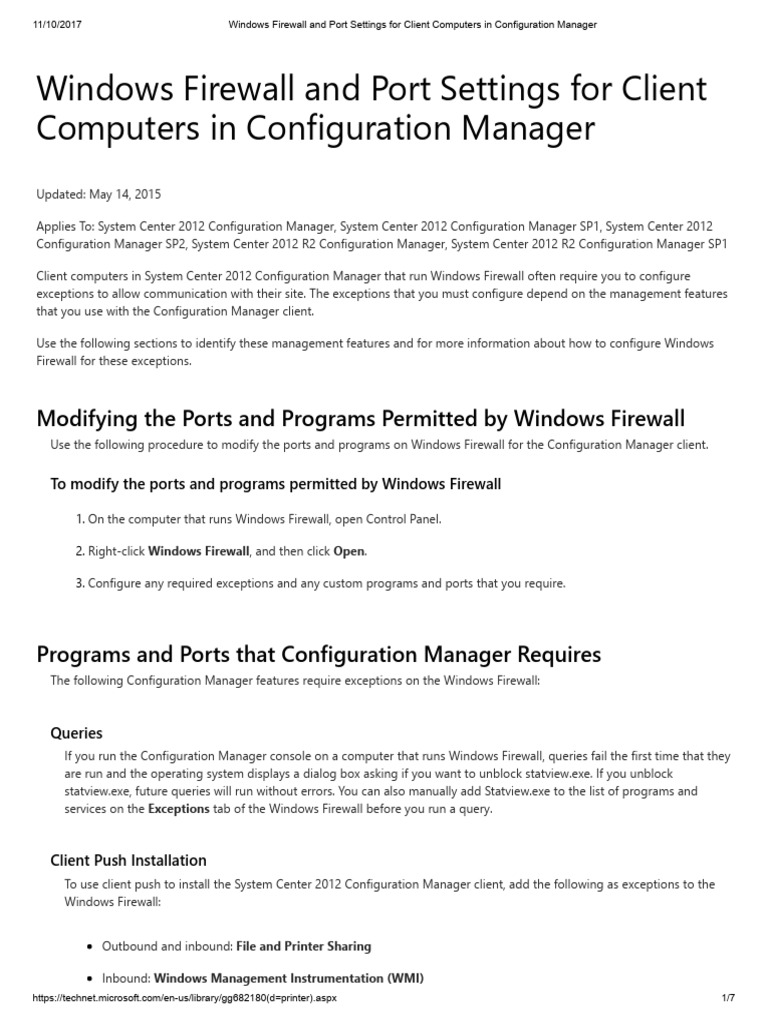 Windows Firewall And Port Settings For Client Computers In Configuration Manager Pdf Port