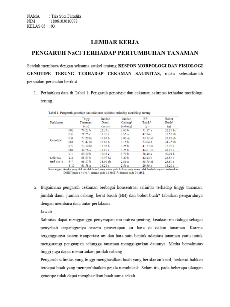 Lembar Kerja Cekaman Salinitas Terhadap Morfologi Dan Fisiologi | PDF Lembar Kerja Cekaman Salinitas Terhadap Morfologi Dan Fisiologi | PDF