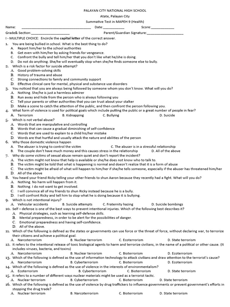 Health Summative Test | Download Free PDF | Bullying | Bioterrorism