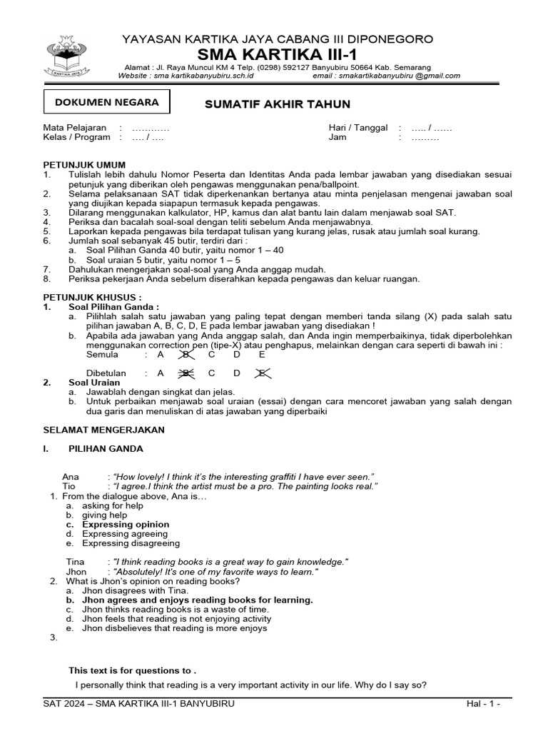 SAT 2024 Guidelines for SMA Kartika III-1 | PDF | Writing | Mental ...