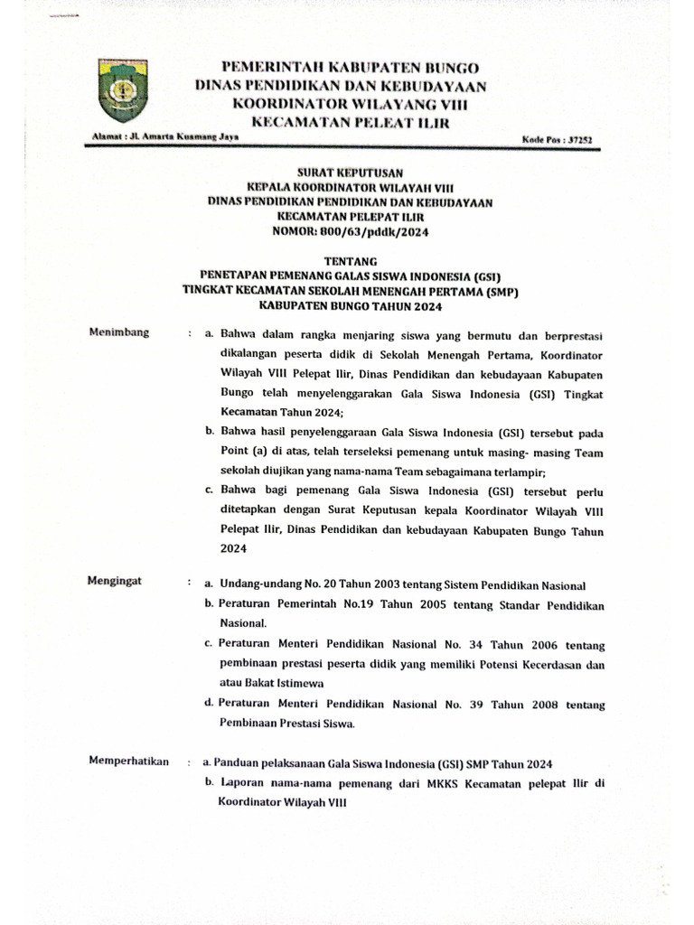 sk pemenang GSI kecamatan 2024 | PDF