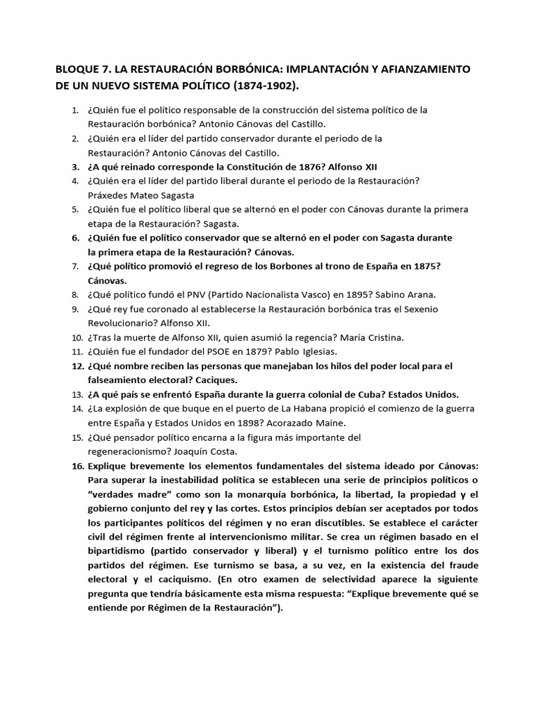 Bloque 8 Preguntas Restauracion Borbonica | PDF | España | Cuba