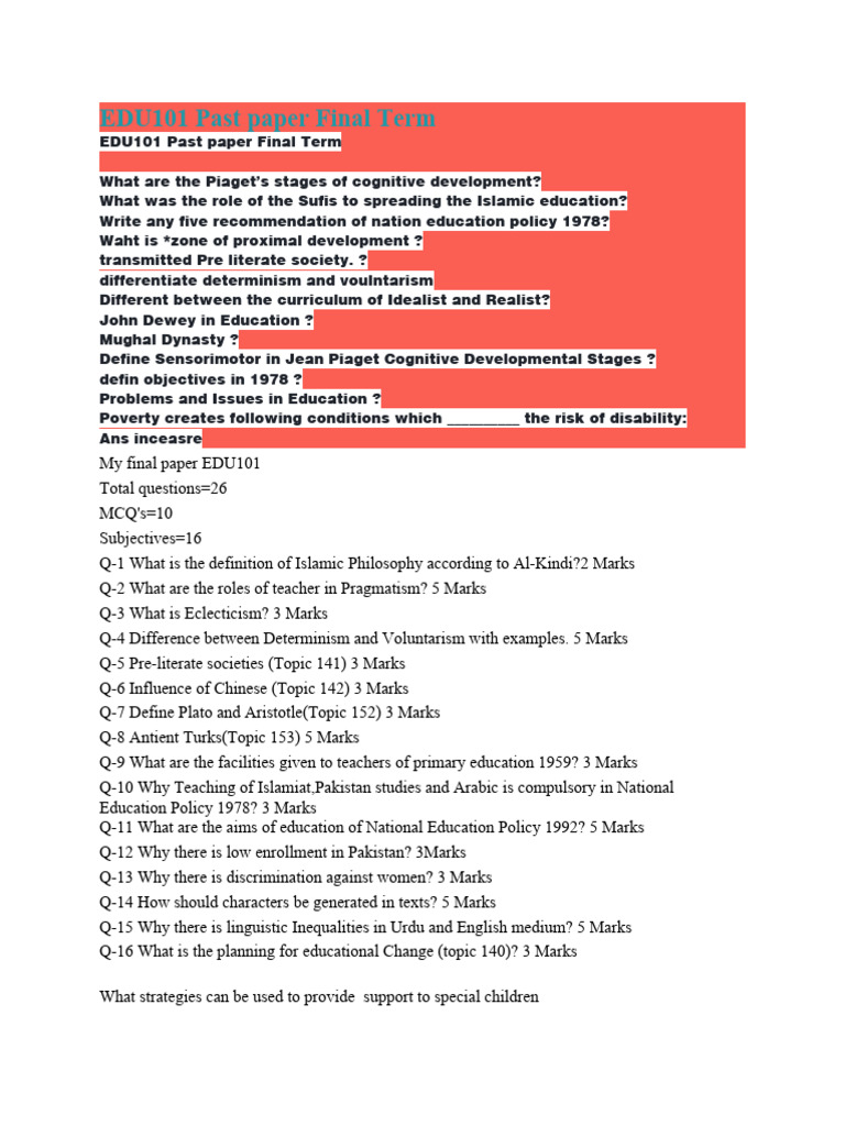 EDU101 Past Paper Final Term | PDF | Liberal Arts Education | Psychology