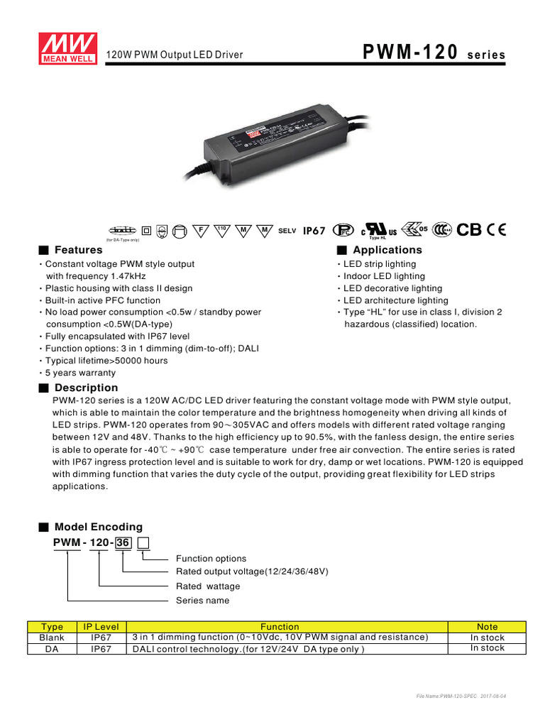 Specification Sheet PWM 120DA | PDF | Electricity | Power (Physics)