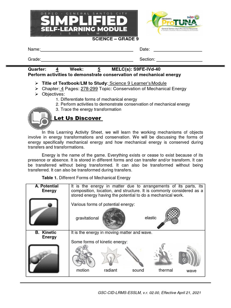 GR9 SSLM Q4 W5 TADIAMAN-edited | PDF | Potential Energy | Kinetic Energy