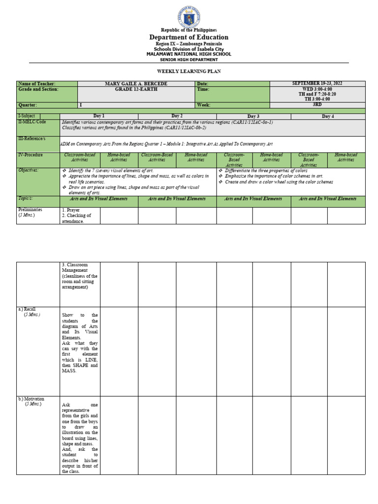 03 Shs Weekly Learning Plan Contemporary Arts | PDF | Classroom | Behavior Modification