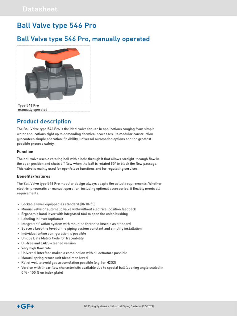 Gfps Datasheet 546 Pro Ball Valve en | PDF | Valve | Mechanical Engineering