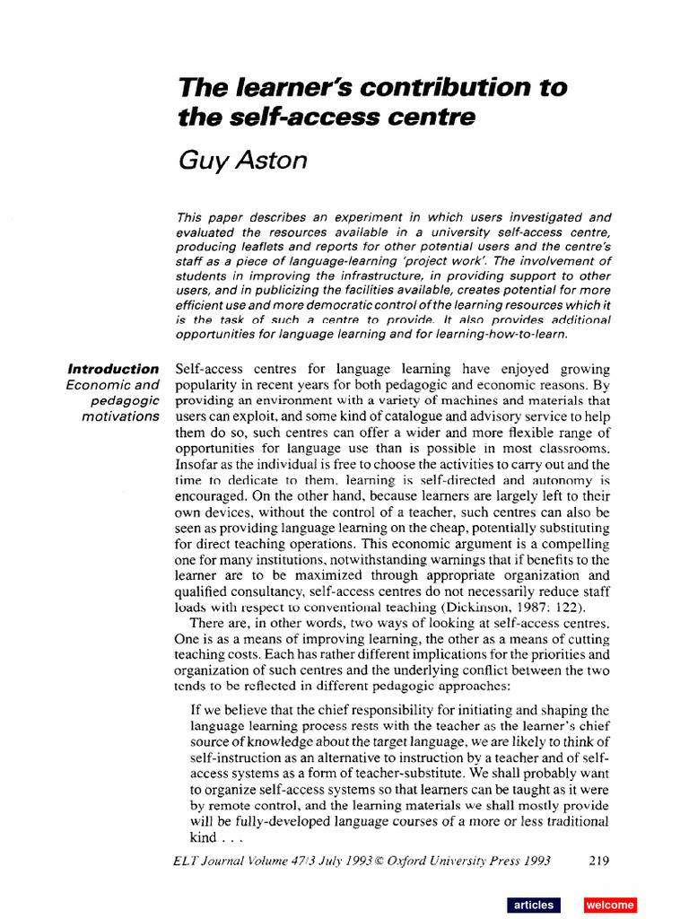 Guy Aston: The Learner's Contribution To The Self-Access Centre | PDF | Learning | Pedagogy