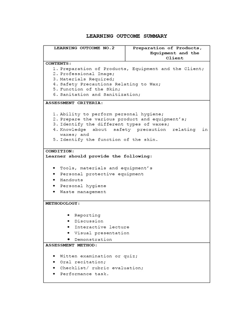 Learning Outcome Summary 2 Pdf Disinfectant Hygiene