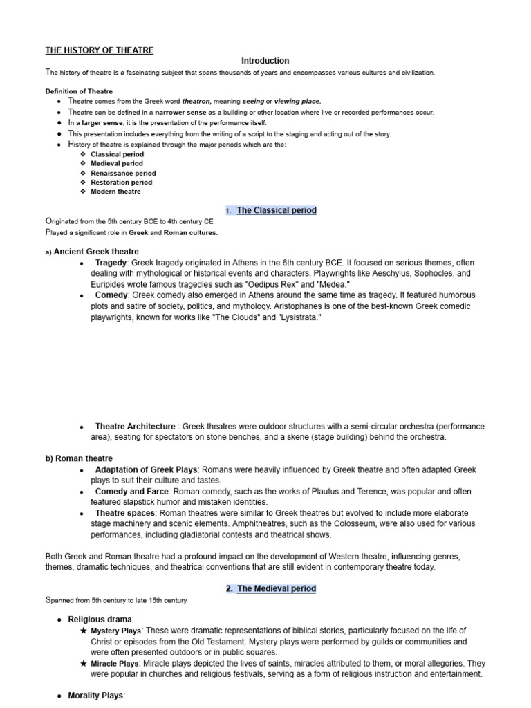 History of Theatre: Key Periods | PDF | Theatre | Restoration Comedy