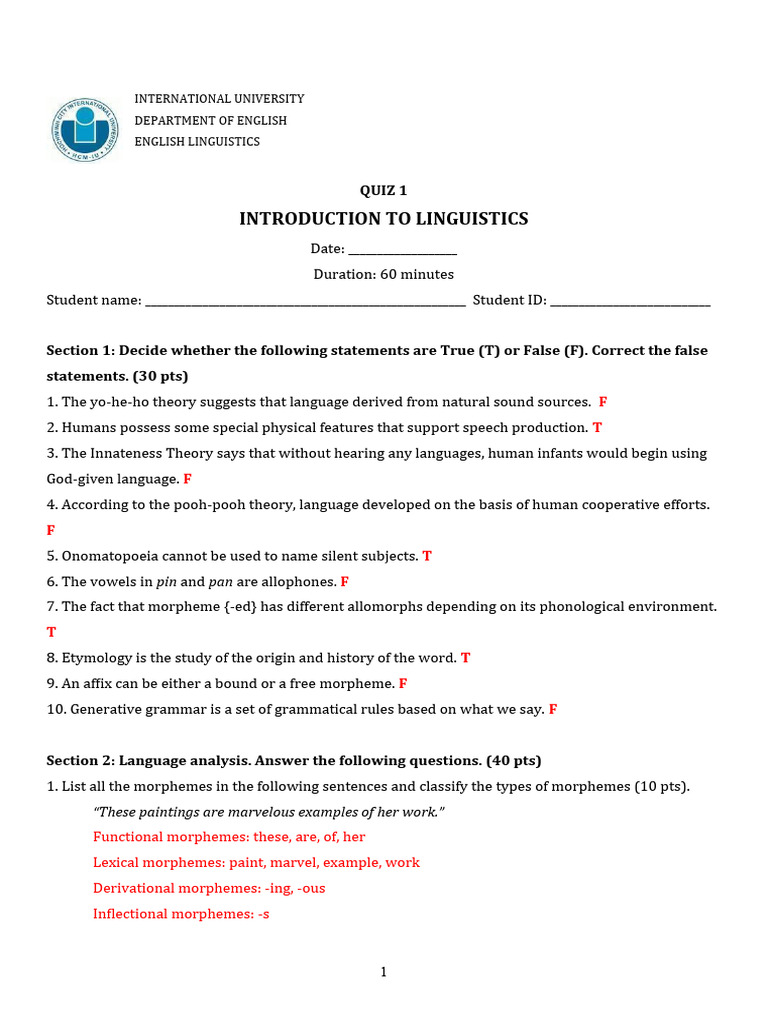Quiz 1B - Key | PDF | Word | English Language