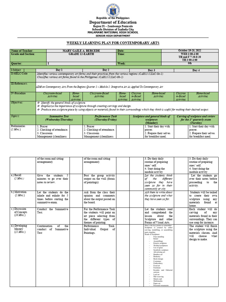 05 SHS WEEKLY LEARNING PLAN CONTEMPORARY ARTS - C | PDF | Sculpture ...
