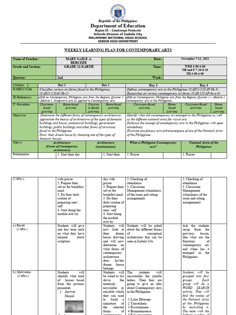 08 SHS WEEKLY LEARNING PLAN CONTEMPORARY ARTS-c | Download Free PDF ...