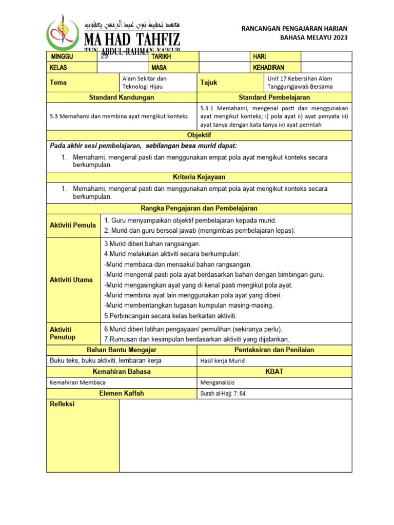 RPH Bahasa Melayu 2023 Tahun 2 - Okt | PDF