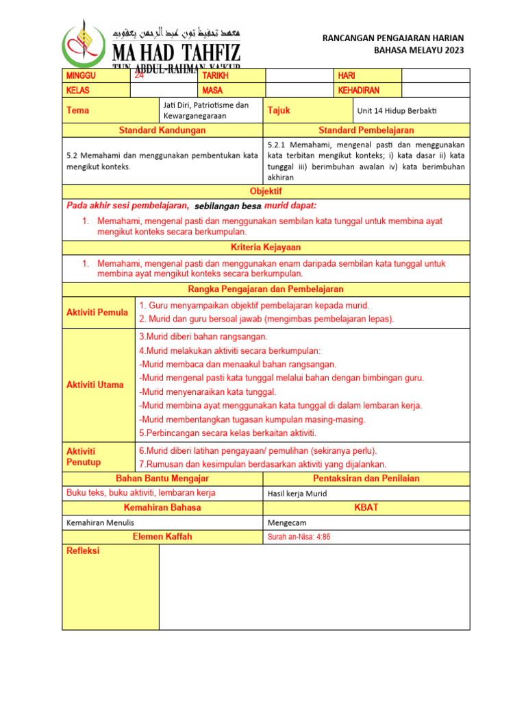 RPH Bahasa Melayu 2023 Tahun 2 - Sept | PDF