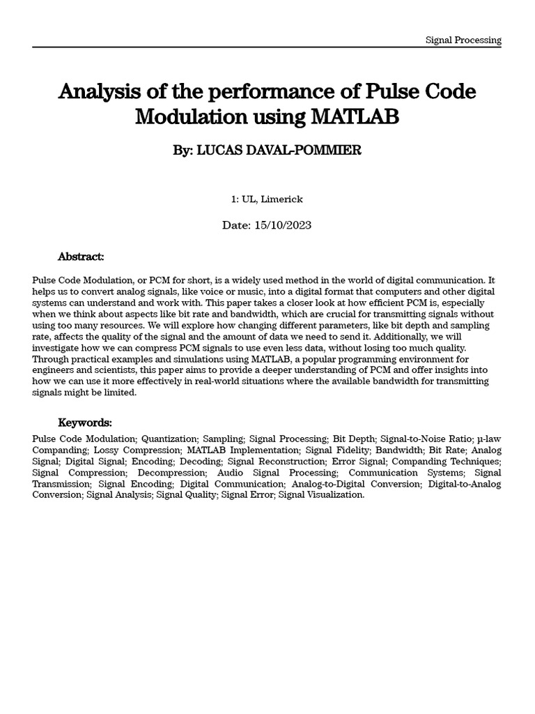 Analysis Of The Performance Of Pulse Code Modulation Using Matlab Pdf Data Compression Bit