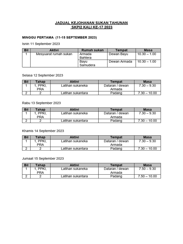 Jadual Latihan Dan Sukantara Kejohanan Sukan Tahunan 2023 | PDF