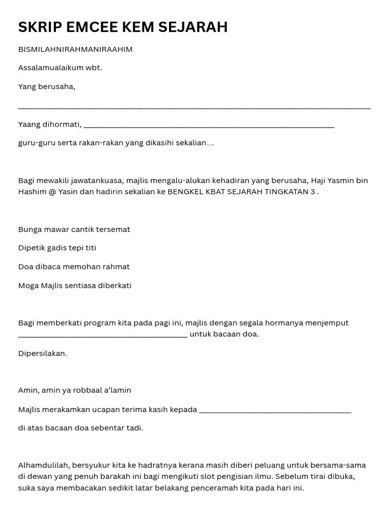 Skrip Emcee Kem Sejarah | PDF