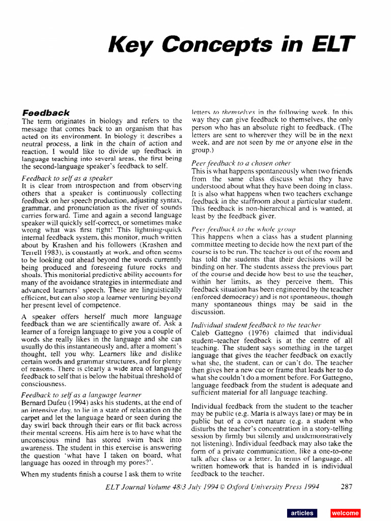 Key Concepts in ELT: Feedback | PDF | Teachers | Linguistics