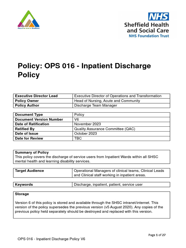 Inpatient Discharge Policy (OPS 016 v6.1 November 2023) | PDF | Patient ...
