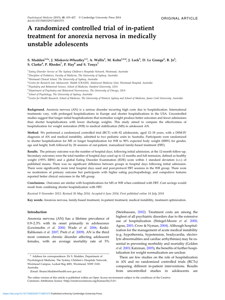 Randomized Controlled Trial of Inpatient Treatment For Anorexia Nervosa in Medically Unstable ...