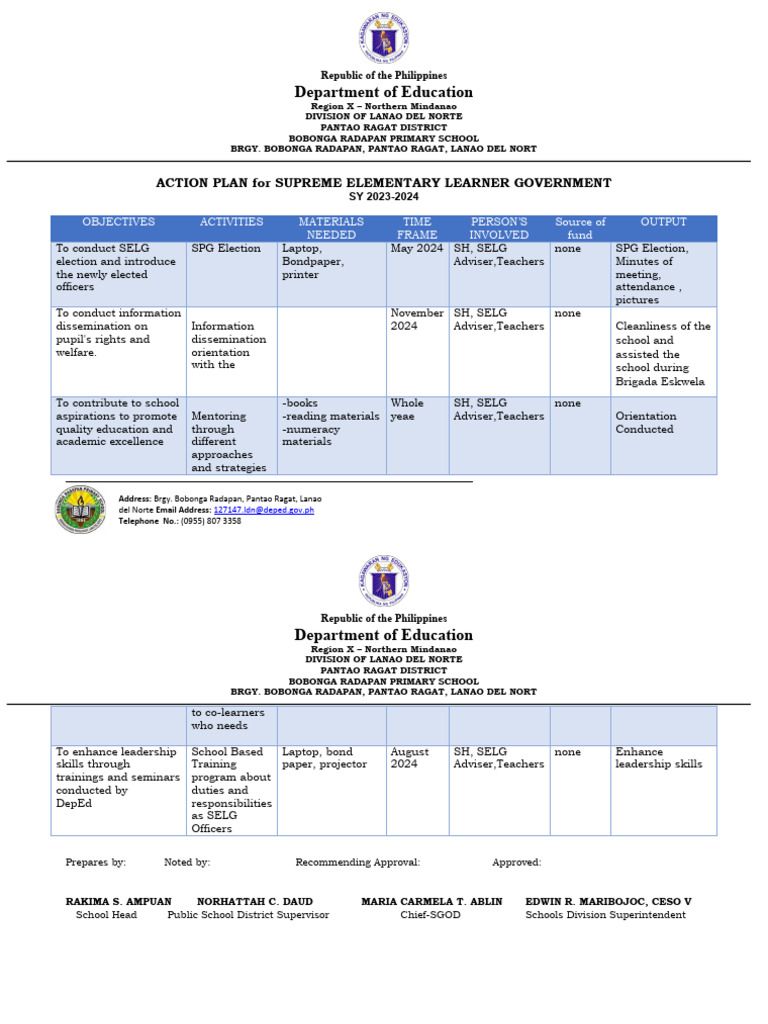 SELG Action Plan 2023-2024 | PDF | Behavior Modification | Teaching