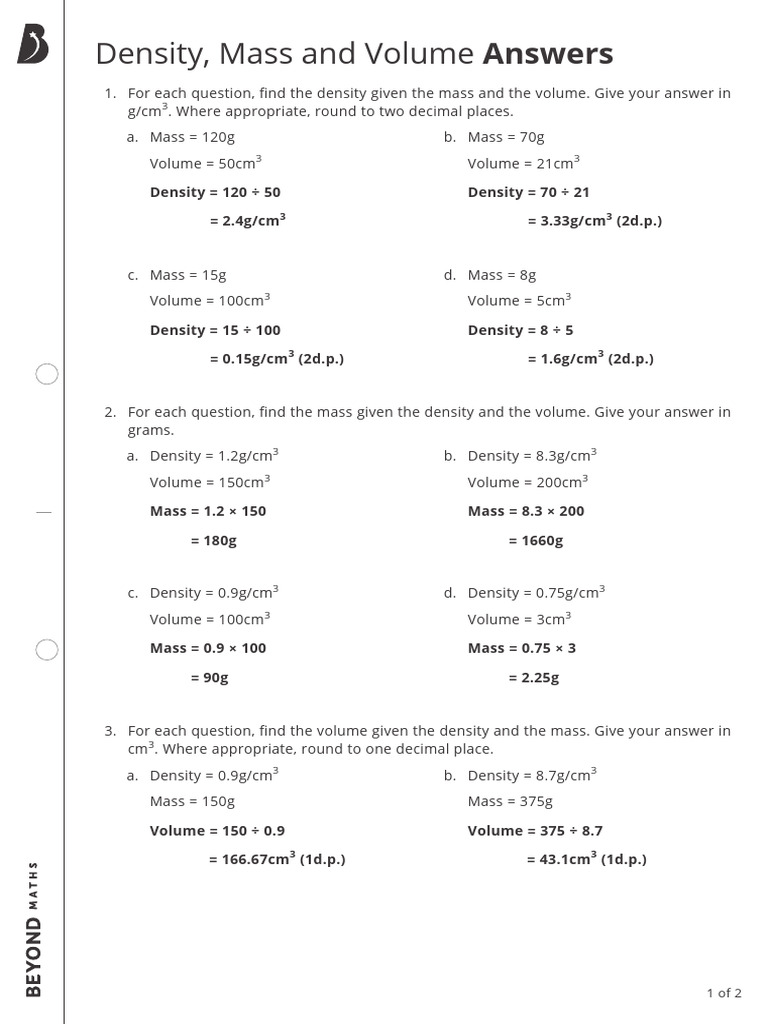 Density, Mass and Volume - Answers | PDF | Density | Significant Figures
