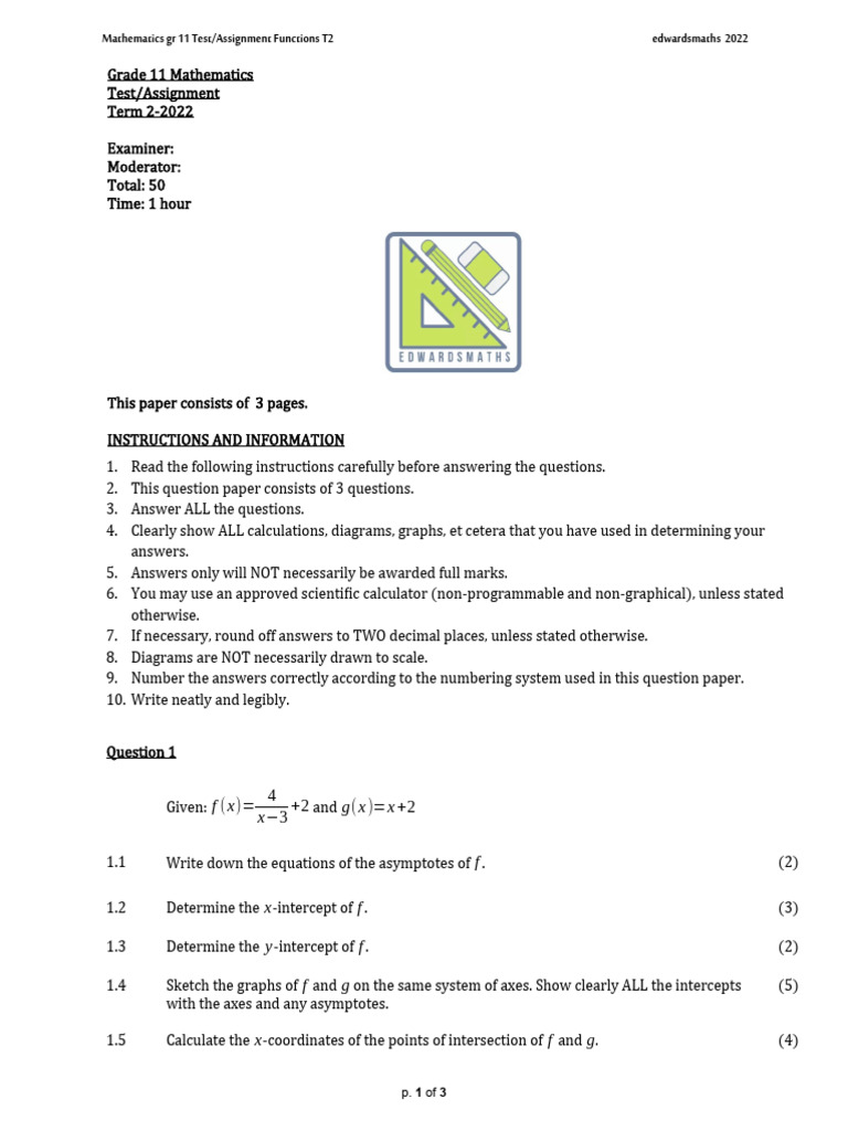 Grade 11 Functions Test T2 2022 | PDF | Mathematics | Applied Mathematics