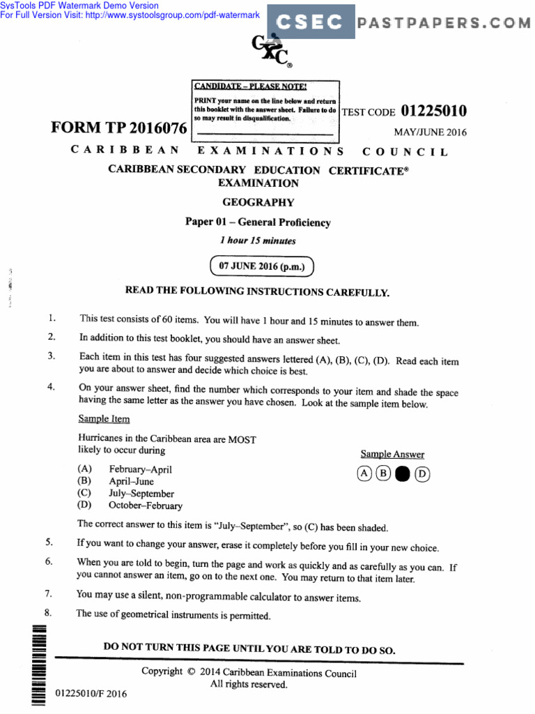 CSEC Geography Paper 1 Booklet (2016 - 2023) | Download Free PDF | Cost ...