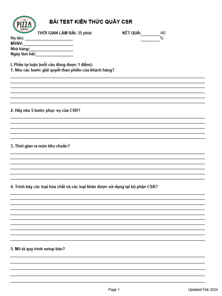 Knowledge Test - Cashier CSR Rider - 060224 | PDF