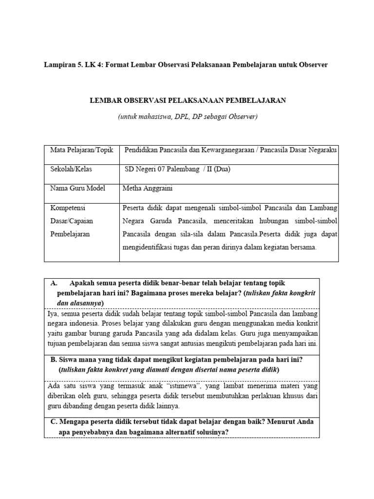 01.05.6-B4-14 Unggah LK 4 - Lembar Observasi Pembelajaran - Siklus 3 | PDF | Karier & Perkembangan